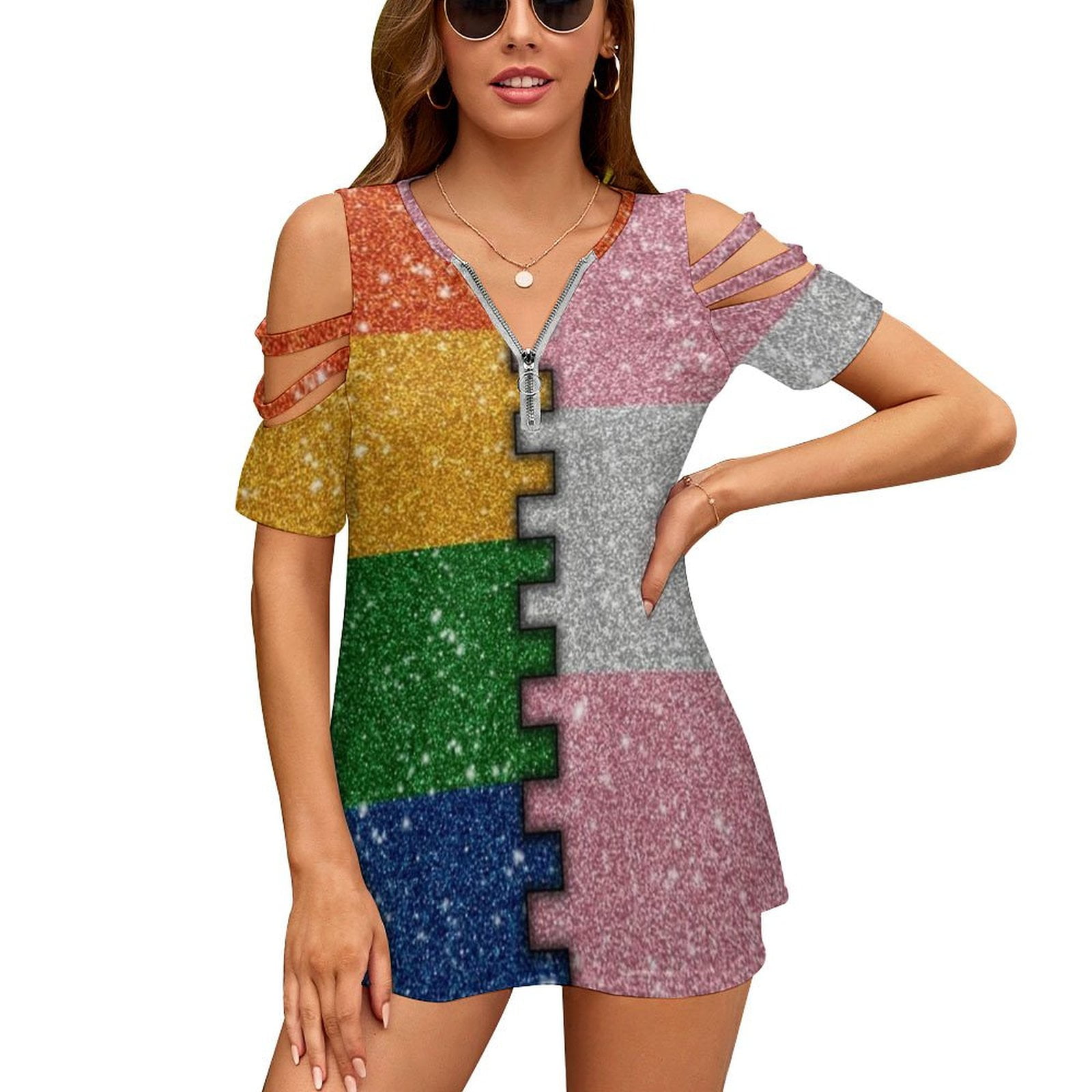 Faux & Glitter Flag New Fashion Zip Off Shoulder Top Short-Sleeve Women ...