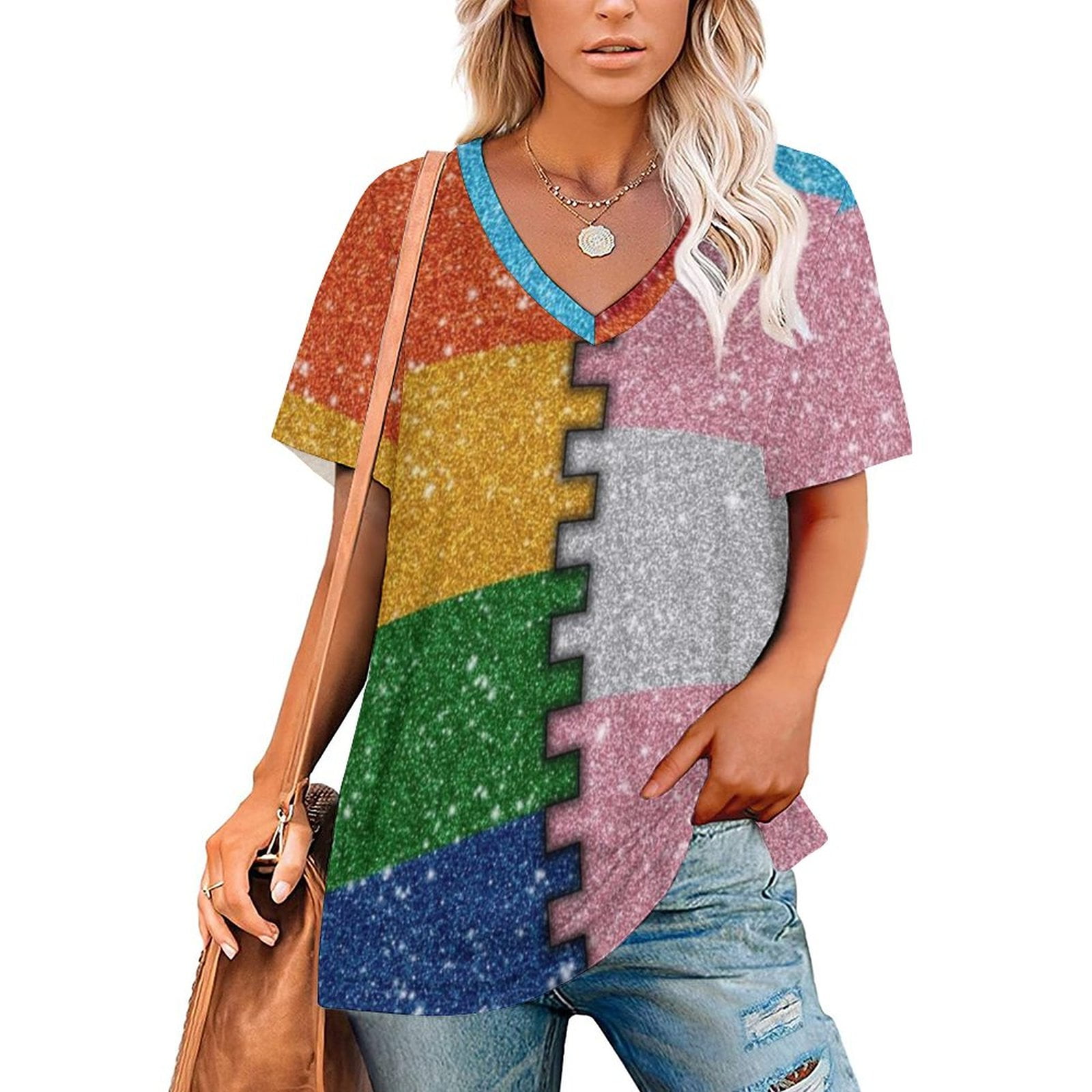 Faux & Glitter Flag New Fashion Zip Off Shoulder Top Short-Sleeve Women ...