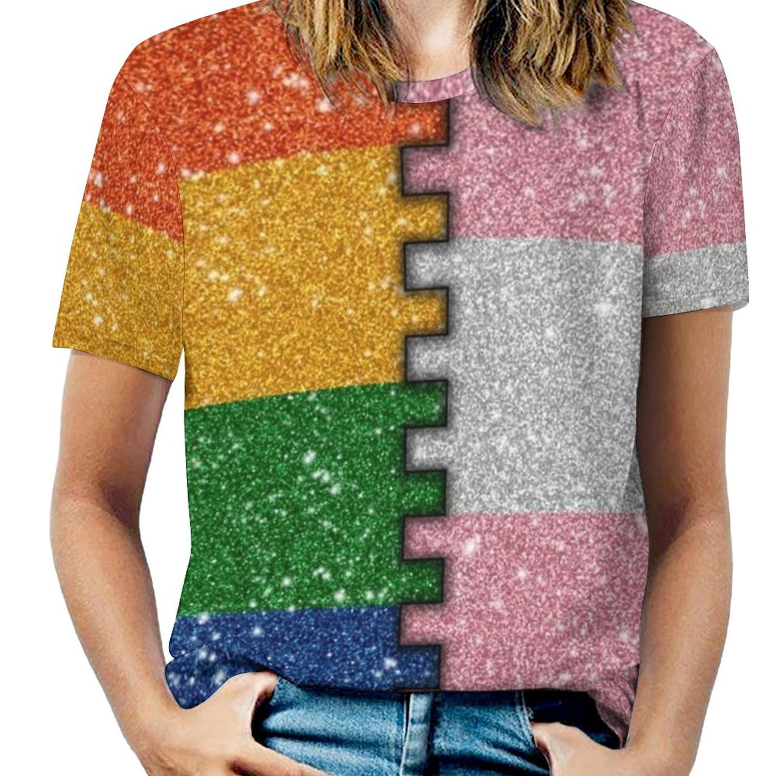 Faux & Glitter Flag New Fashion Zip Off Shoulder Top Short-Sleeve Women ...