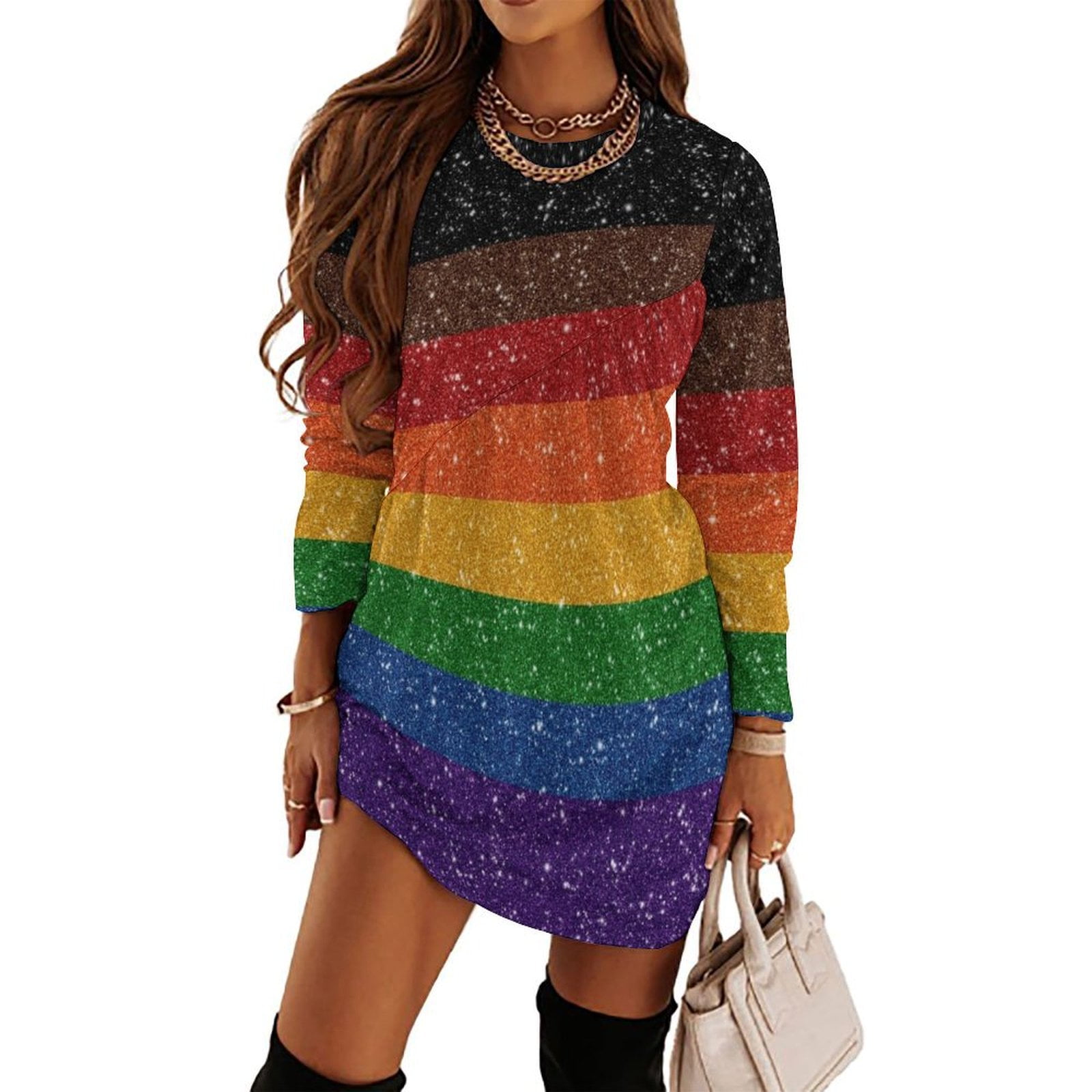 Faux Glitter Inclusive Pride Flag Background Long Sleeved Dress ...