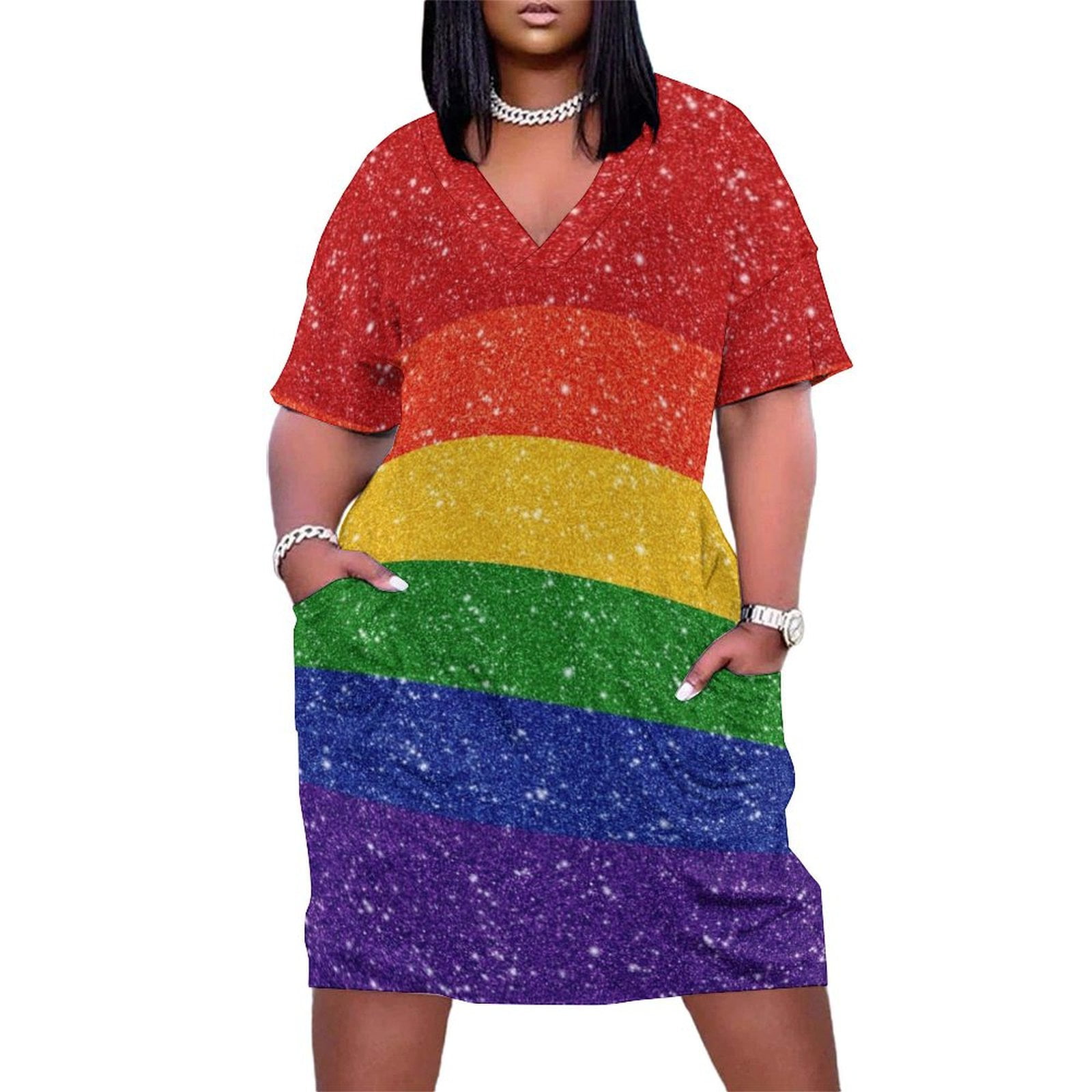 Faux Glitter LGBTQ Pride Flag Background Loose Pocket Dress womans ...