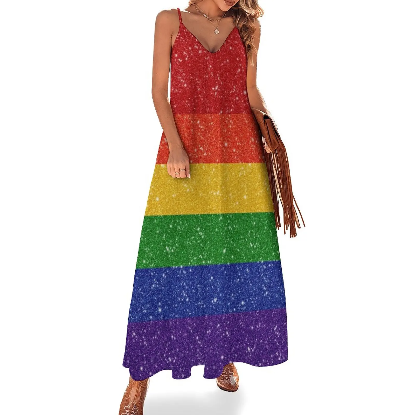 Faux Glitter LGBTQ Pride Flag Background Sleeveless Dress cute dress ...