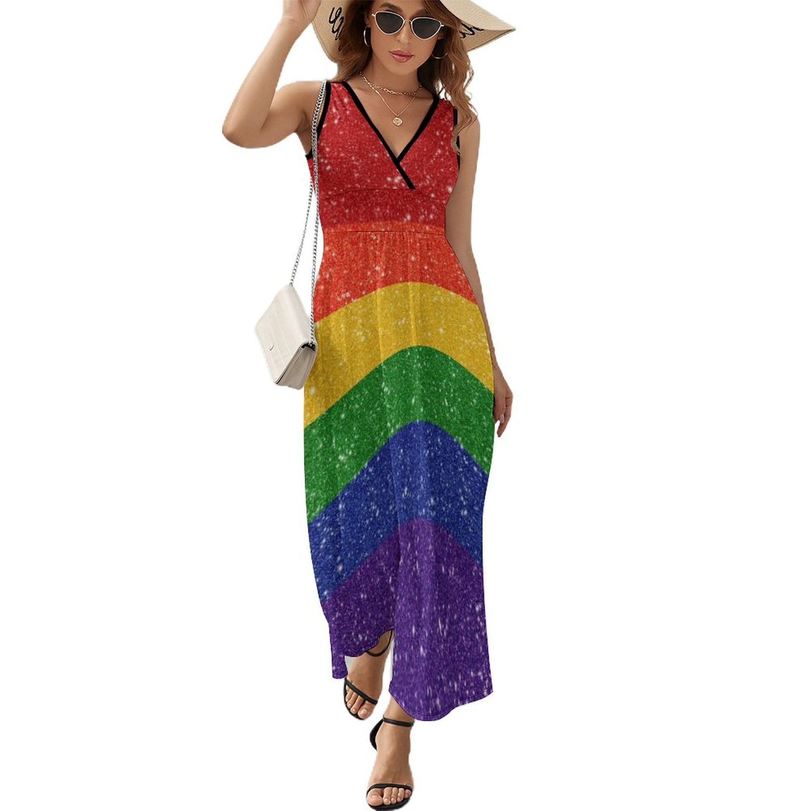 Faux Glitter LGBTQ Pride Rainbow Flag Background Sleeveless Dress women ...