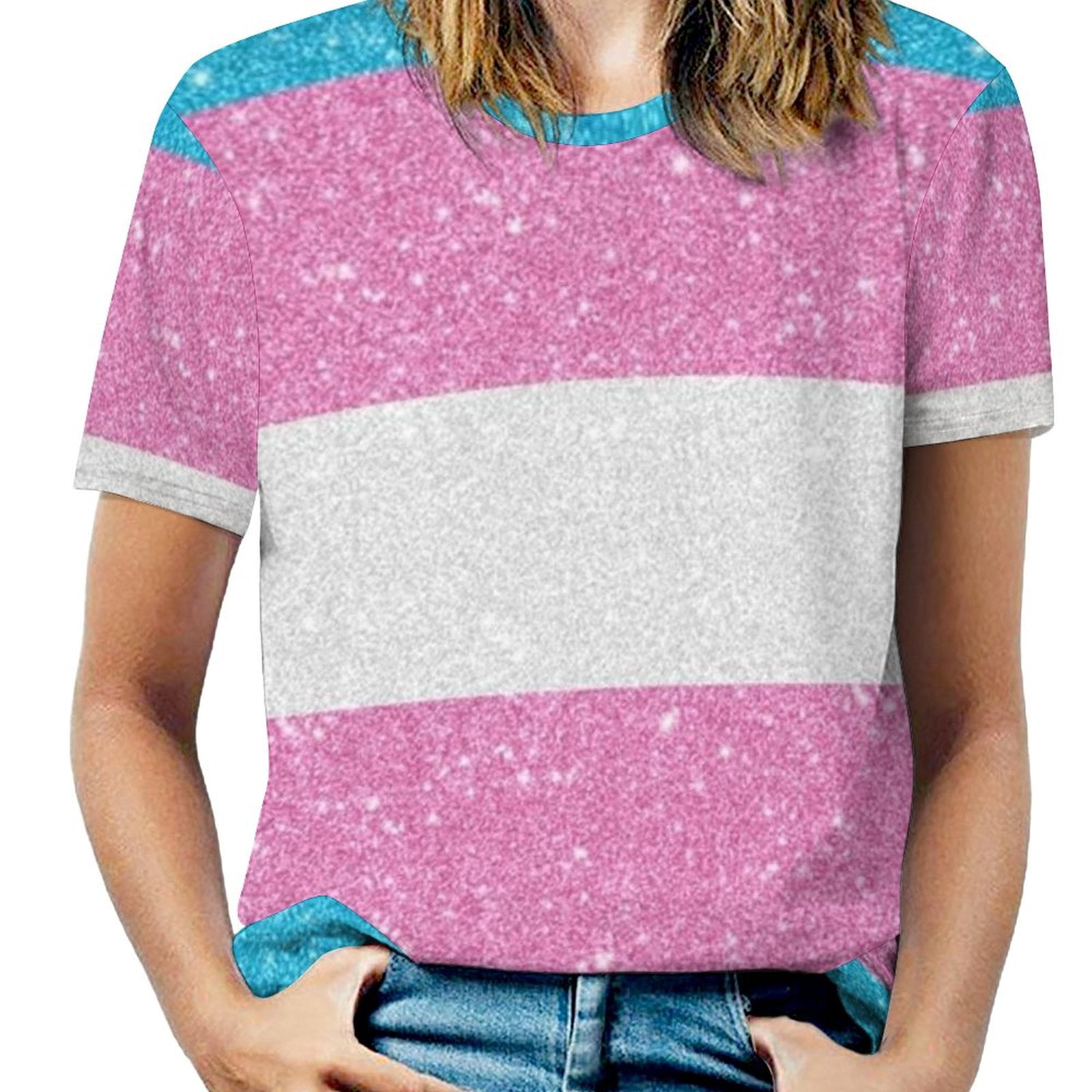 Faux Glitter Pride Flag Women Short Sleeve Tops O-Neck Hollow Out ...