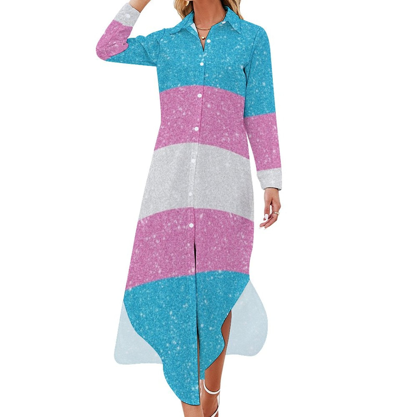 Faux Glitter Transgender Pride Flag Background Long Sleeved Shirt Dress ...