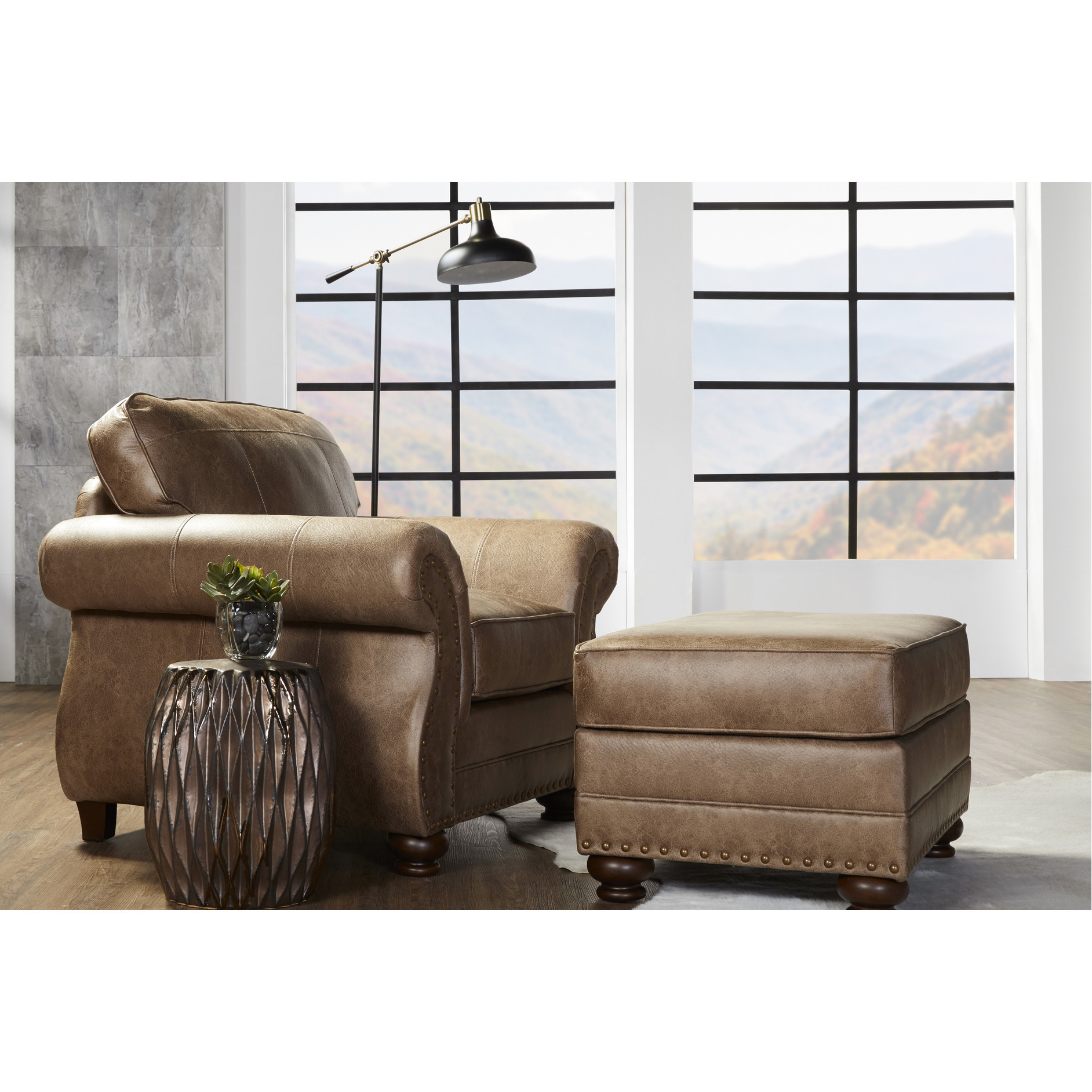 Faux Leather 2 , Arm Chair And , Medium Brown Color, Nailhead Trimmed ...