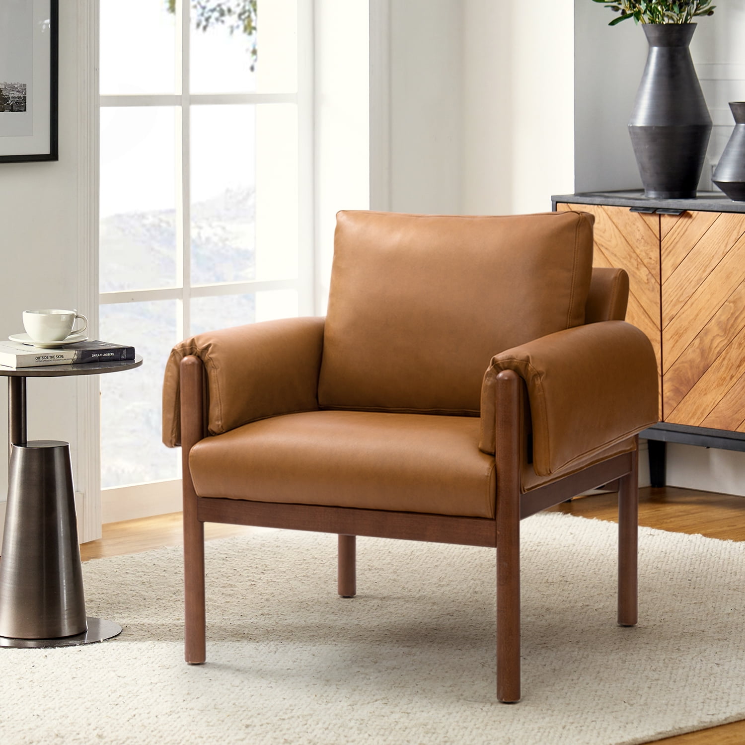 Faux Leather Accent Chair Removable Backrest Upholstered Arm Cushion PU ...