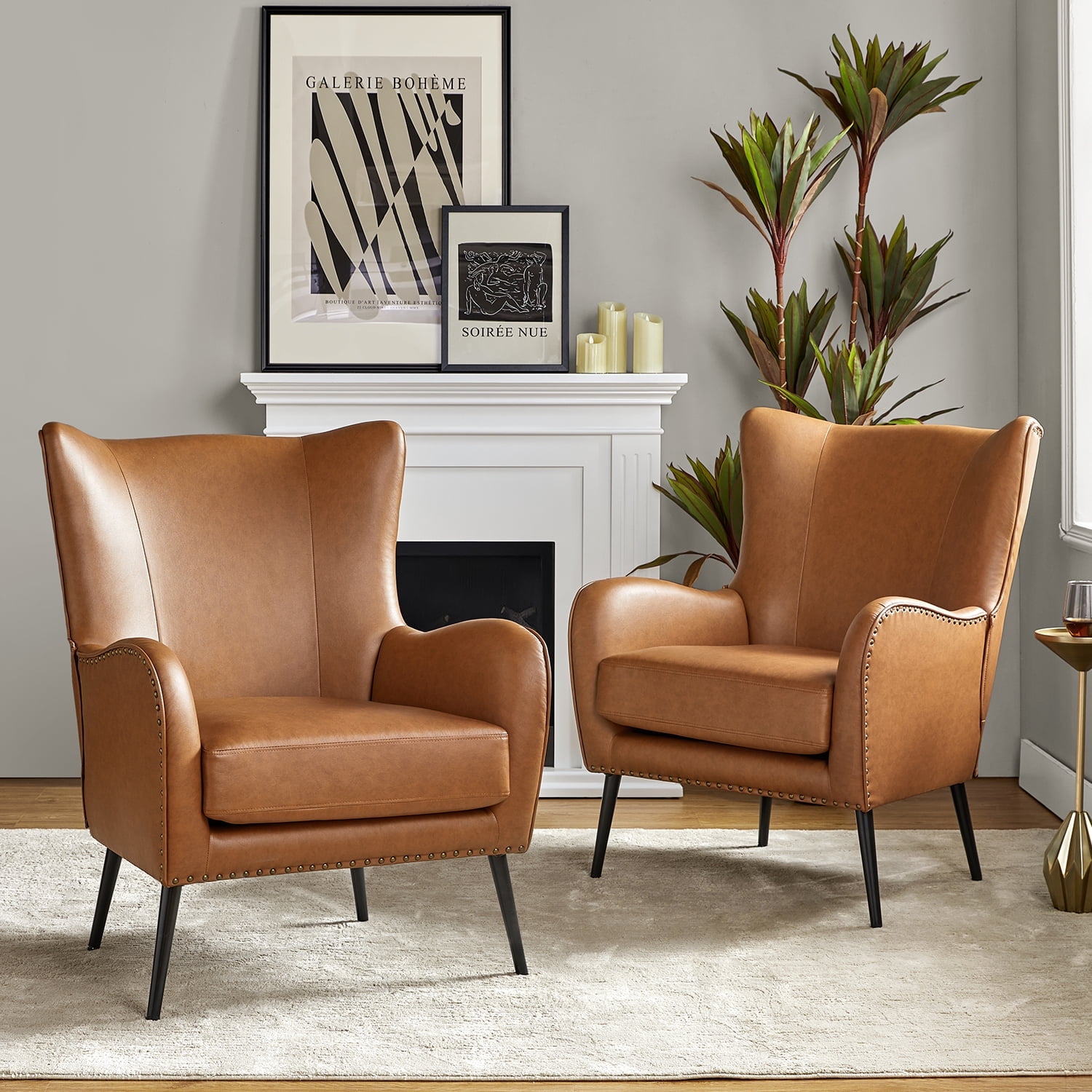 14 Karat Home Elegant Modern Faux Leather Armchair Set of 2, Wingback ...