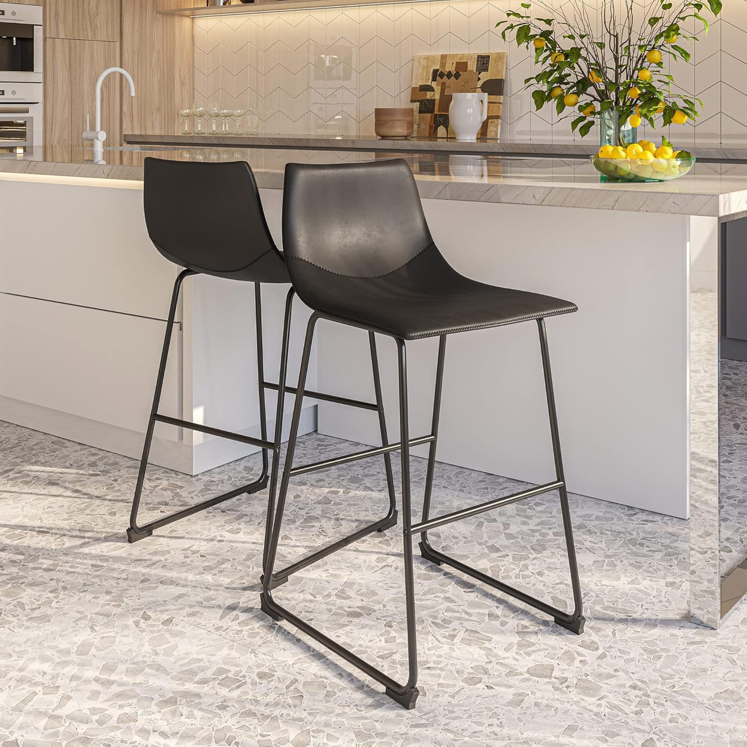 Faux Leather Barsools Set of 2, Modern Upholstered Counter Height ...