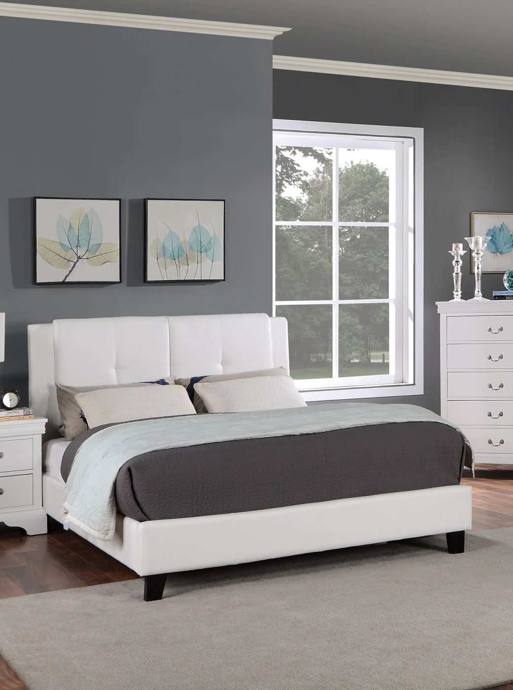 Faux Leather Bed Frame with Two-Panel Headboard, Queen Size Upholstered ...