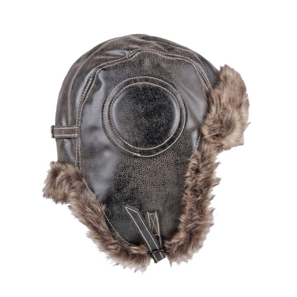 Faux Leather Bomber Hat Unisex Trapper Aviator Pilot Earflap Fur ...
