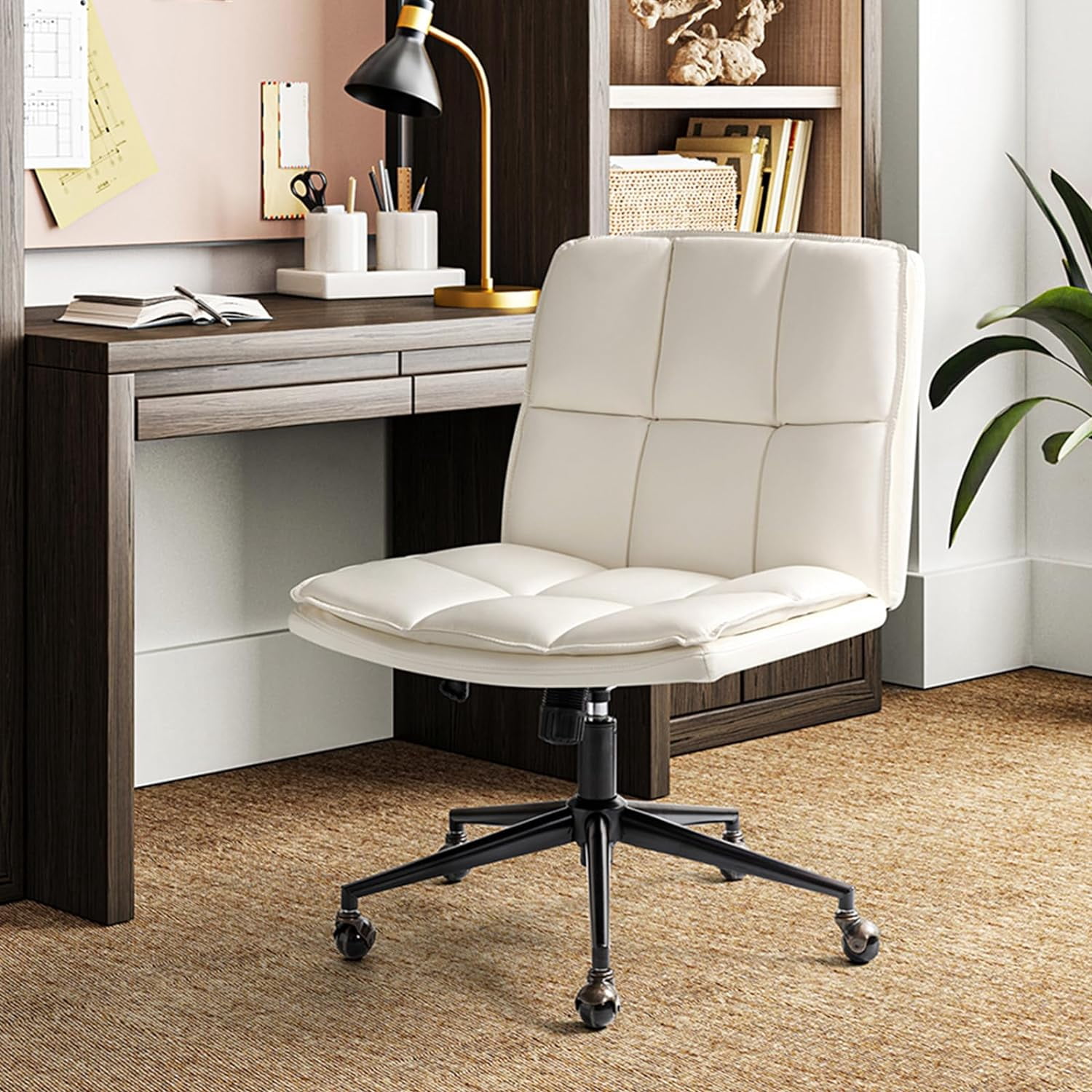 Faux Leather Chair with Tilt Lock & Metal Base Armless Criss Cross ...