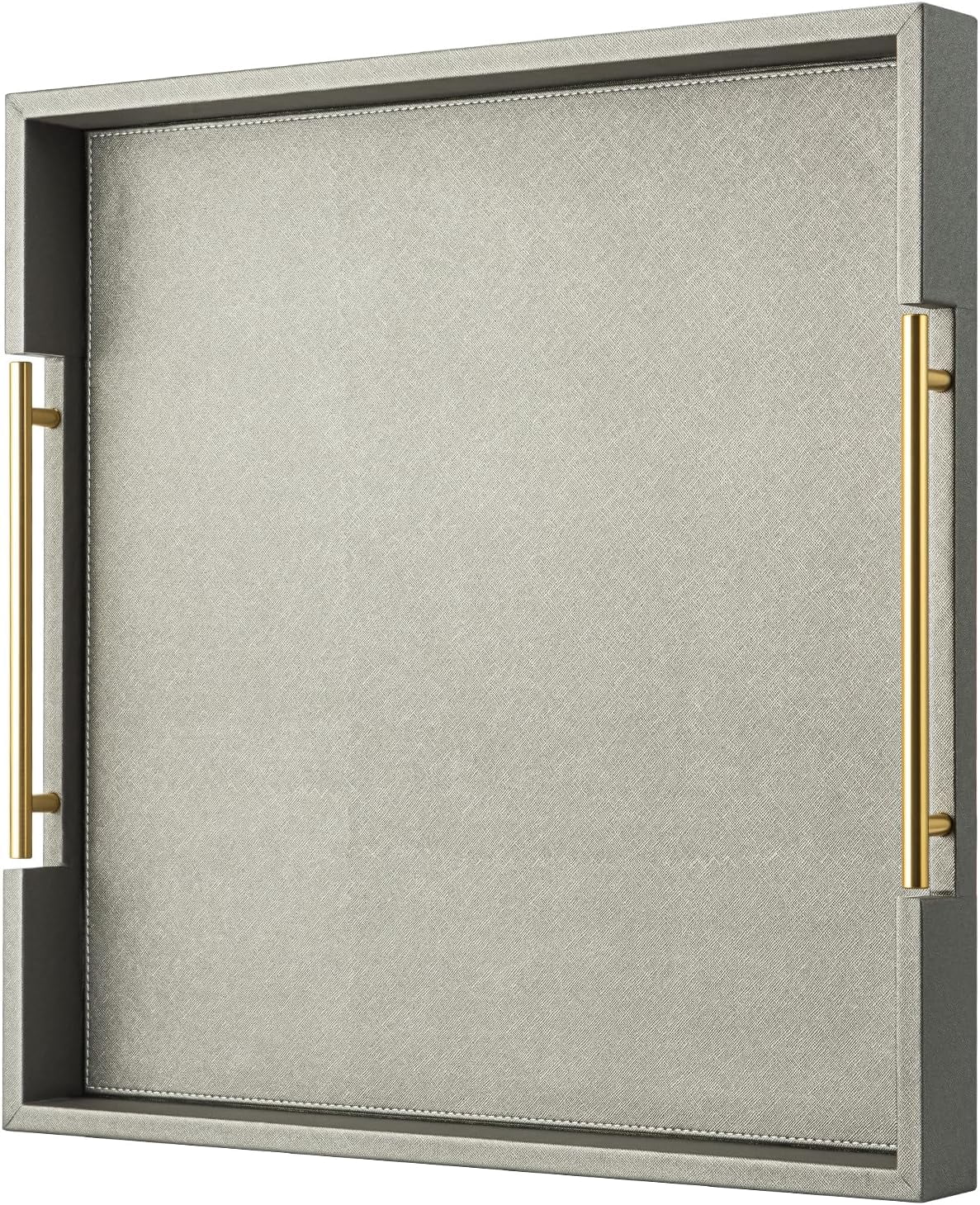 Faux Leather Coffee Serving Tray with Gold Handles, Gray Rectangle ...
