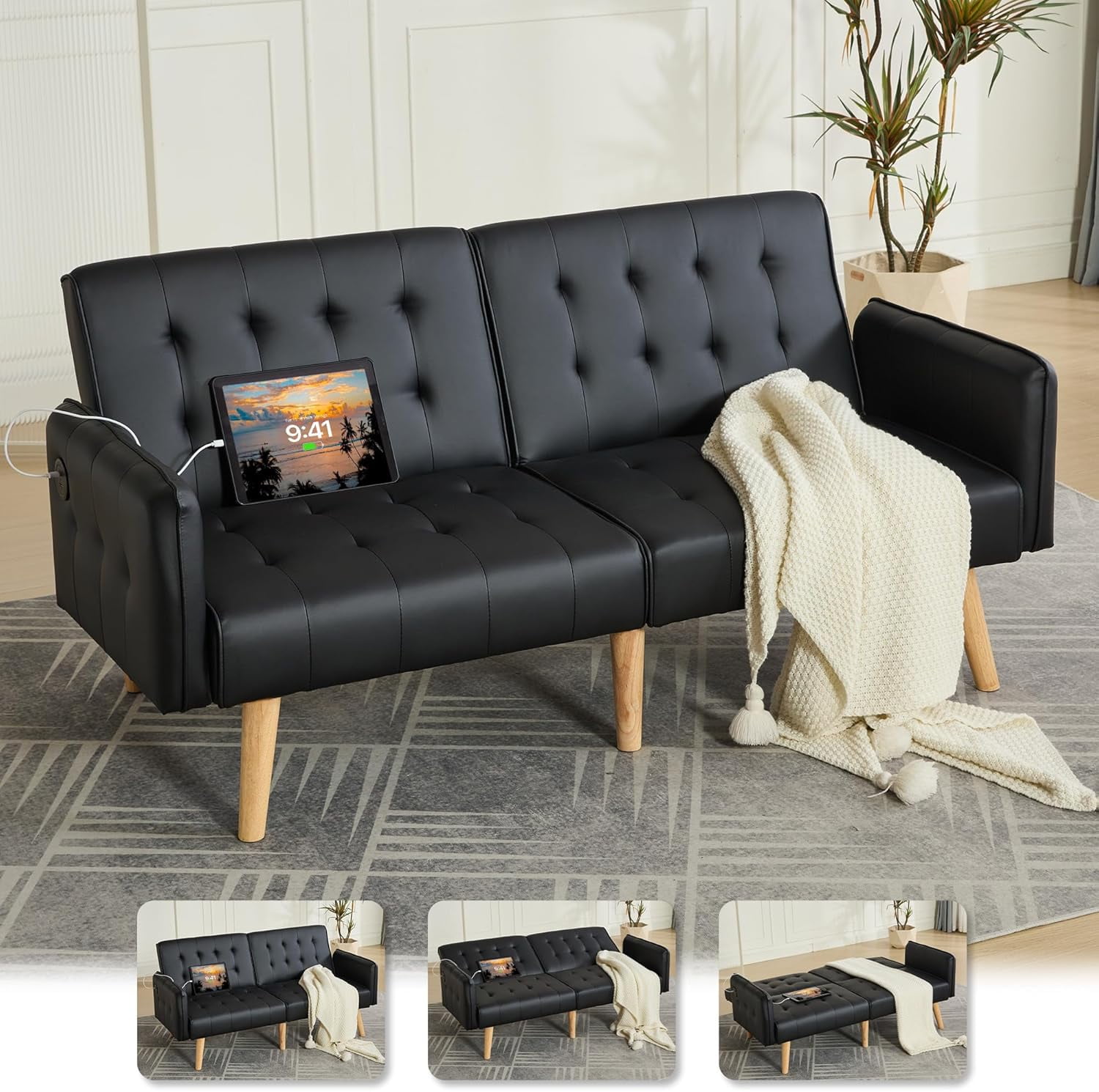 Faux Leather Convertible 65'' Folding Futon Sofa Bed w/ 2 USB, Loveseat ...