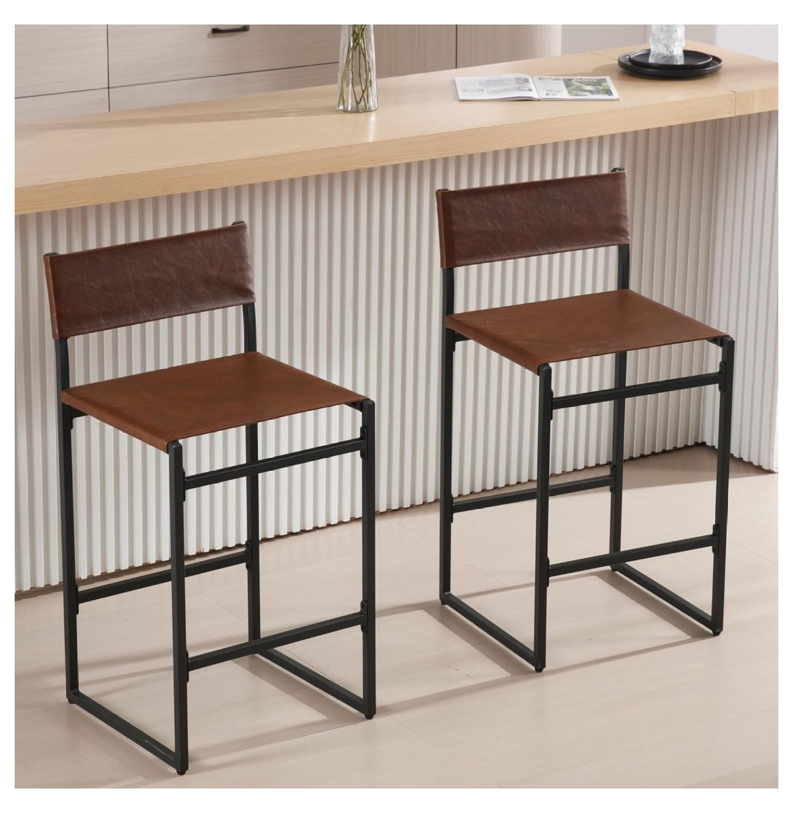 Faux Leather Counter Height Bar Stools Set of 2, Modern Sling Armless ...