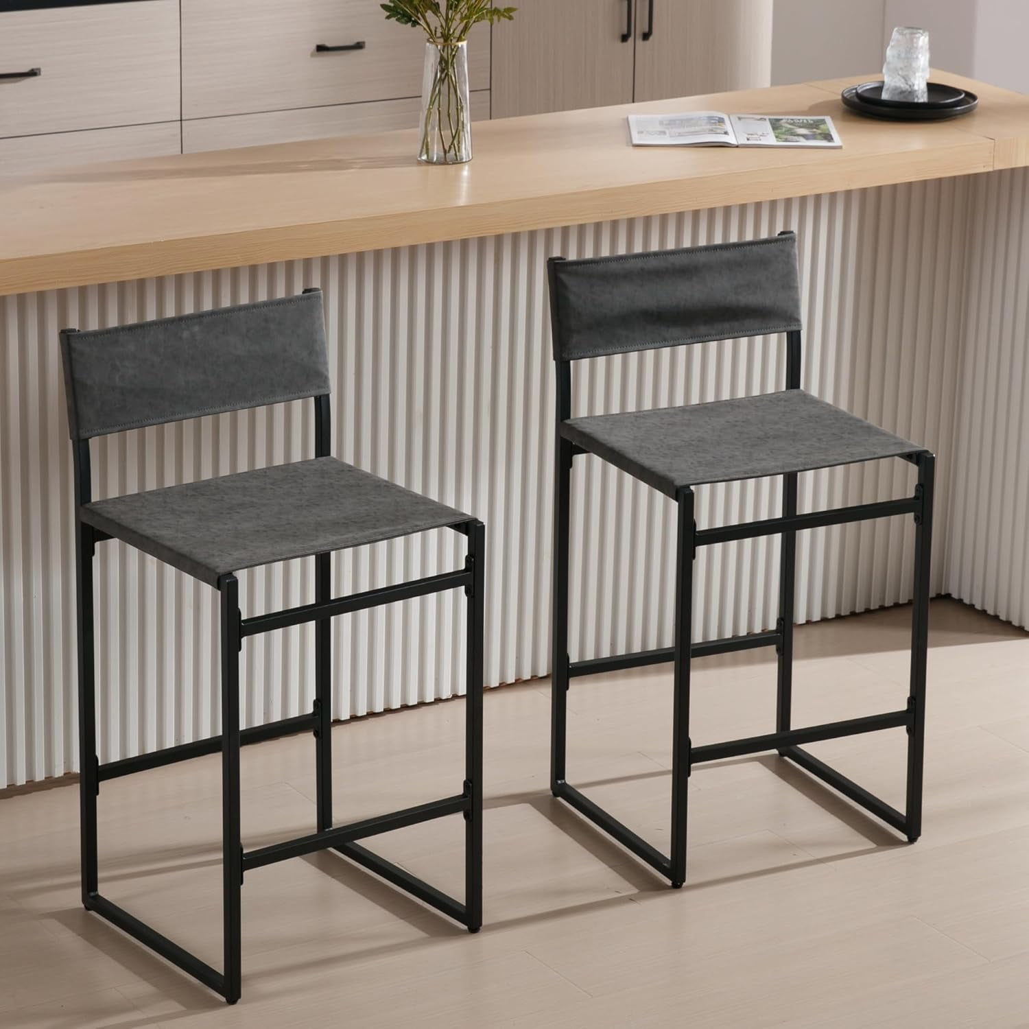 Faux Leather Counter Height Bar Stools Set of 2, Modern Sling Armless ...