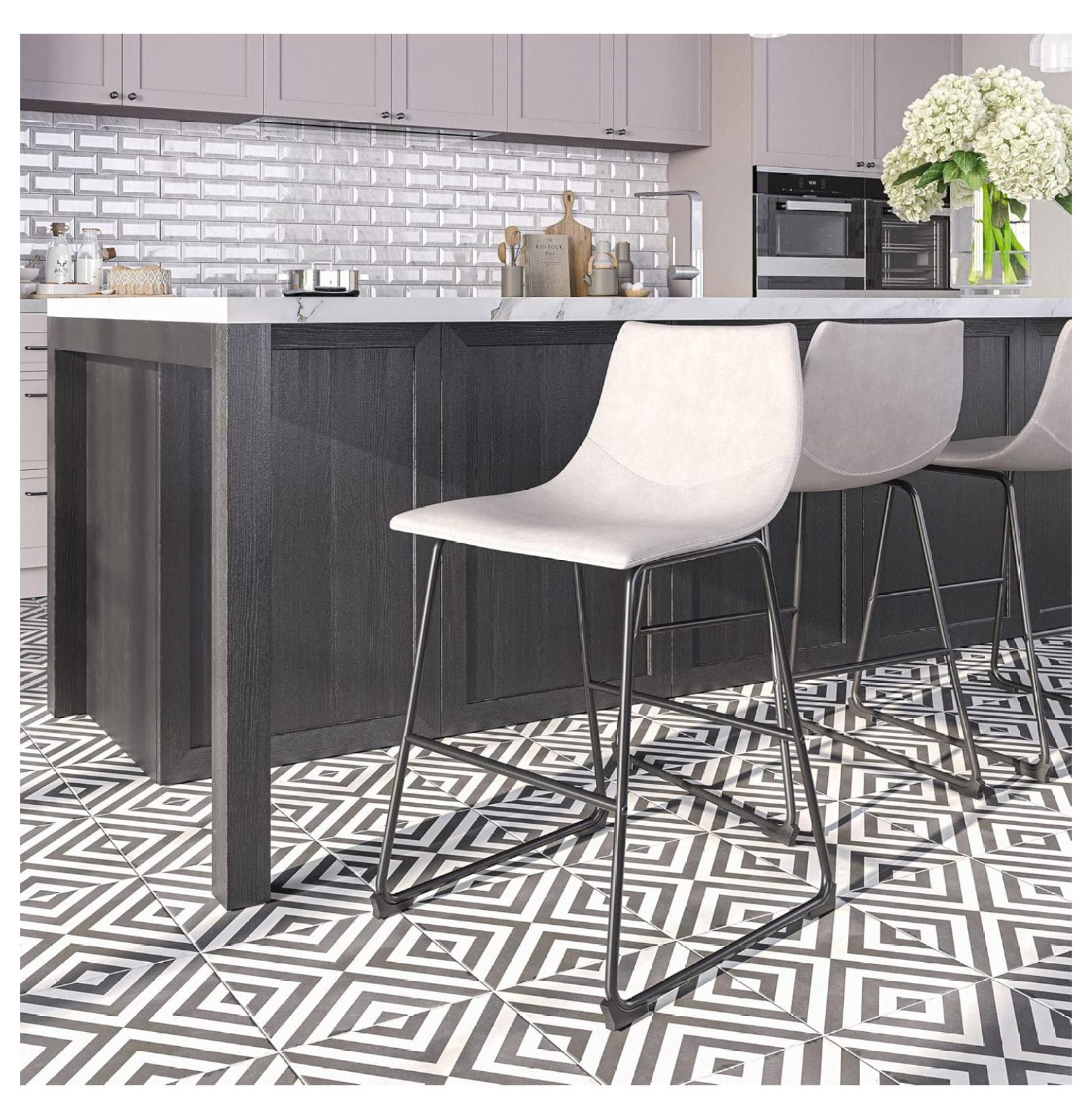 Faux Leather Counter Height Bar Stools Set of 2, Modern Upholstered Bar ...