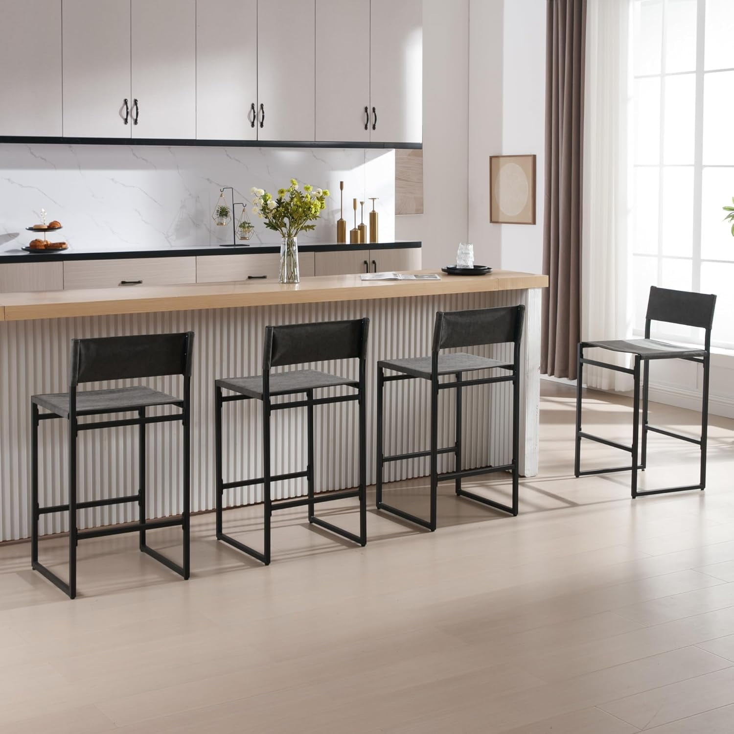 Faux Leather Counter Height Bar Stools Set of 4, Modern Sling Armless ...