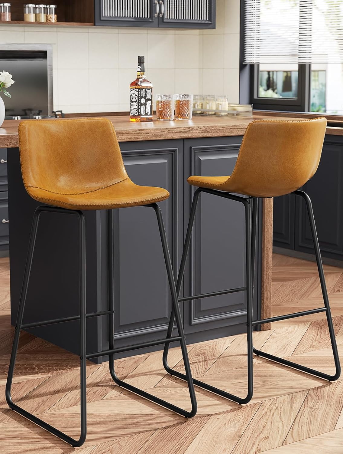 Faux Leather Counter Height Stools, Modern Bar Stools with Metal Legs ...