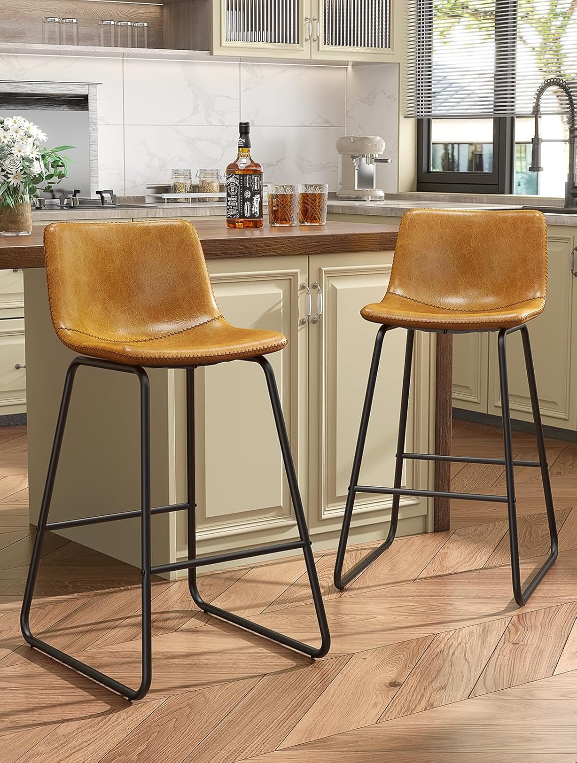 Faux Leather Counter Height Stools, Modern Bar Stools with Metal Legs ...