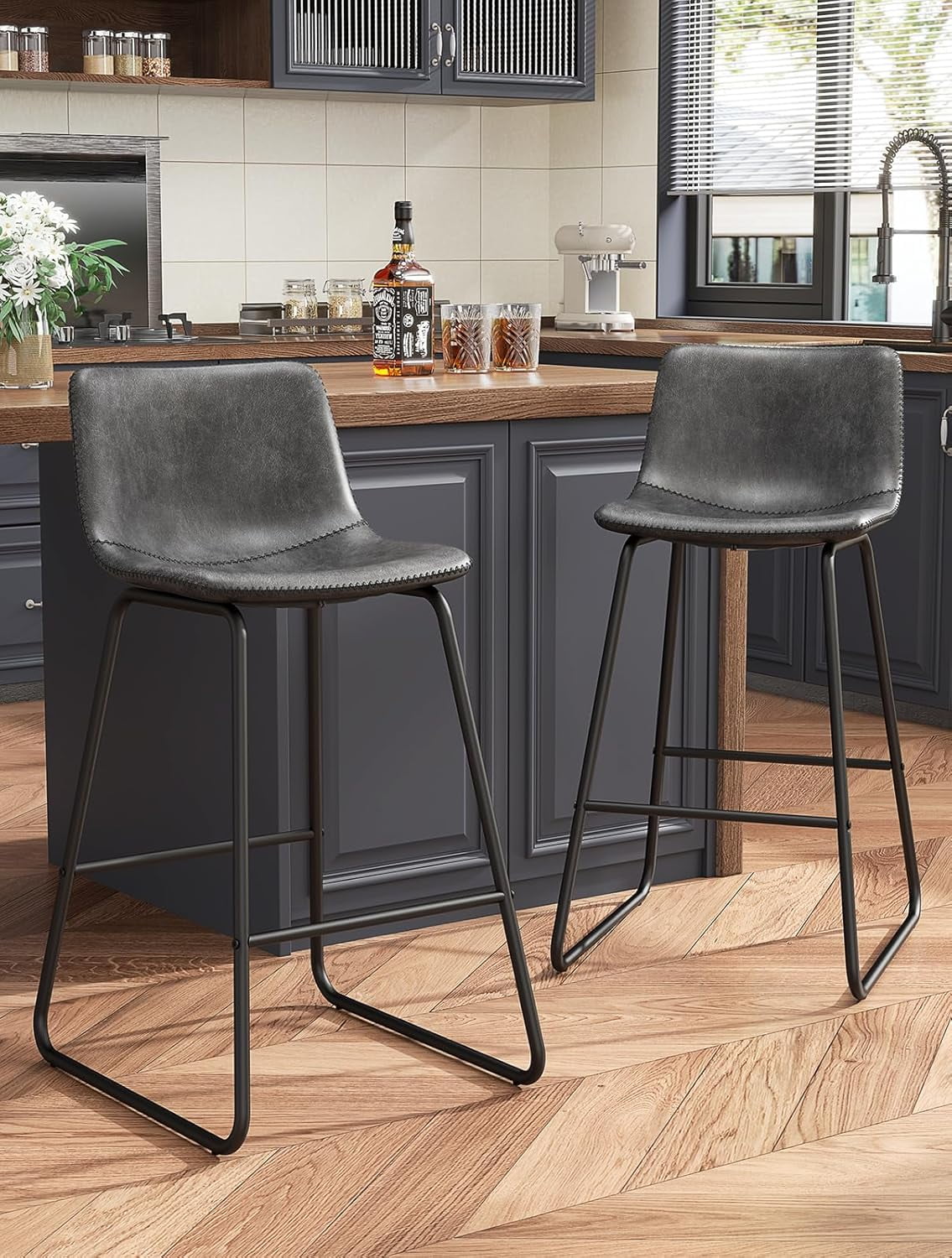 Faux Leather Counter Height Stools, Modern Bar Stools with Metal Legs ...