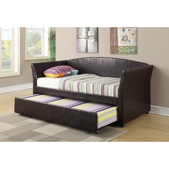 Faux Leather Day Bed With Trundle In Dark Brown