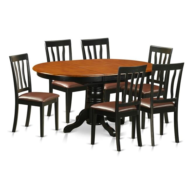 Faux Leather Dining Set with 6 Wooden Chairs, Black & Cherry - 7 Piece ...