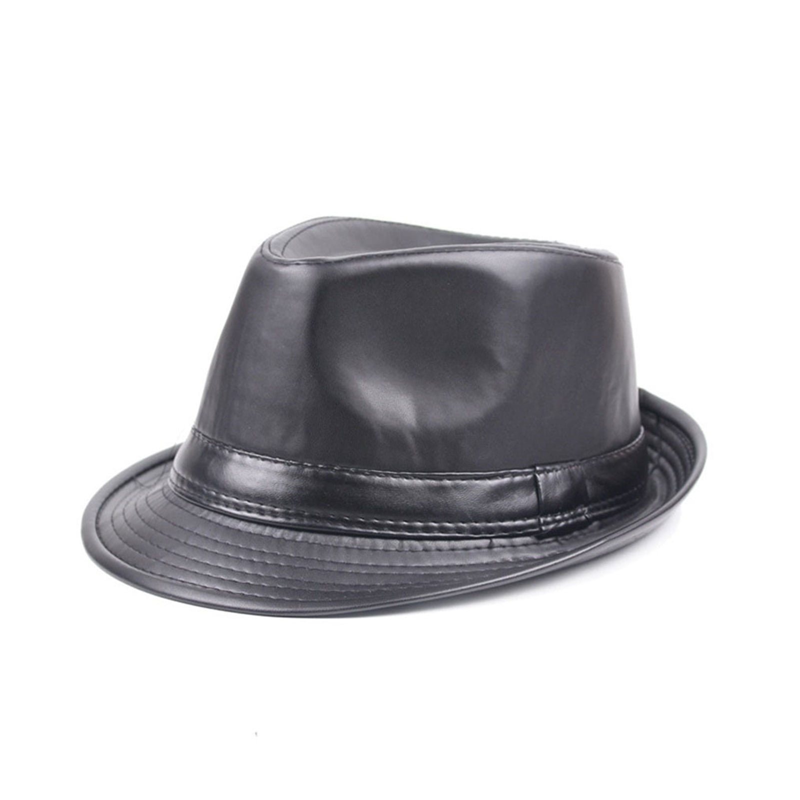 Faux Leather Fedora Hat Men Black Casual Jazz Caps Winter Vintage Felt ...