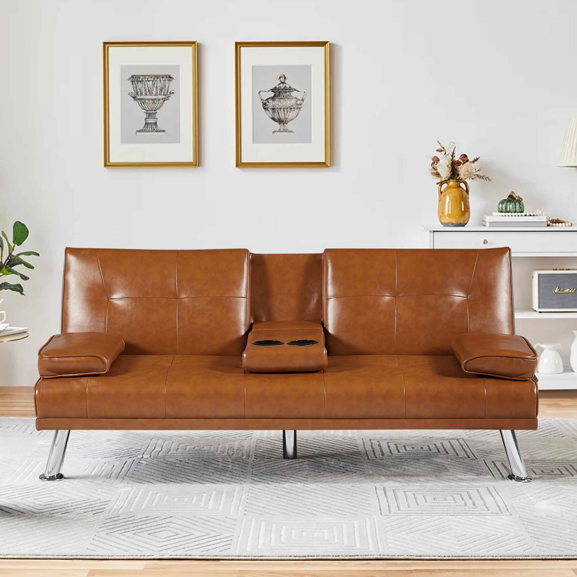 Brown leather futon couch store