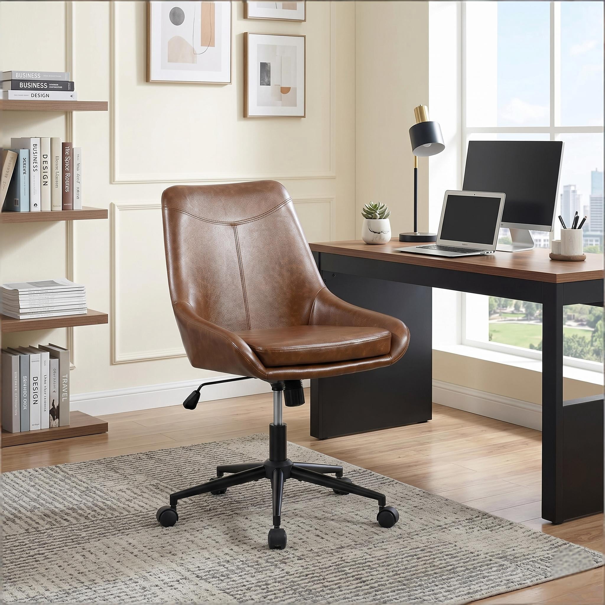 Faux Leather Home Office Chair，Comfortable Armless Task Chair Swivel ...