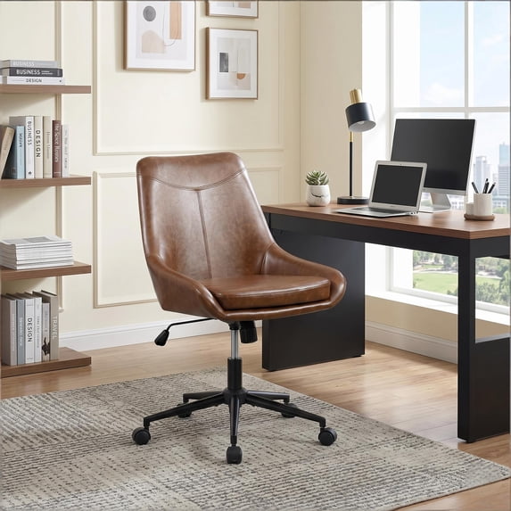 Faux Leather Home Office Chair，Comfortable Armless Task Chair Swivel ...