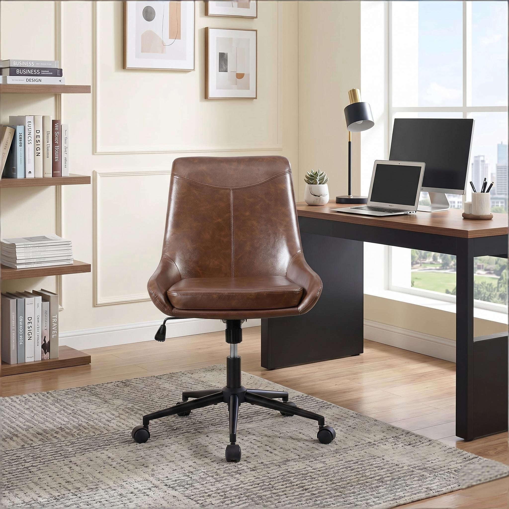 Faux Leather Home Office Chair，Comfortable Armless Task Chair Swivel ...