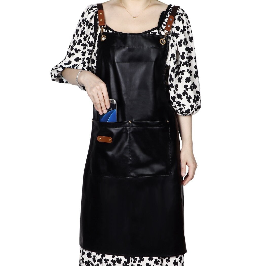 Faux Leather Housework Apron with Pockets, Waterproof Salon Faux Leather Housework Apron with Pockets, Waterproof Salon