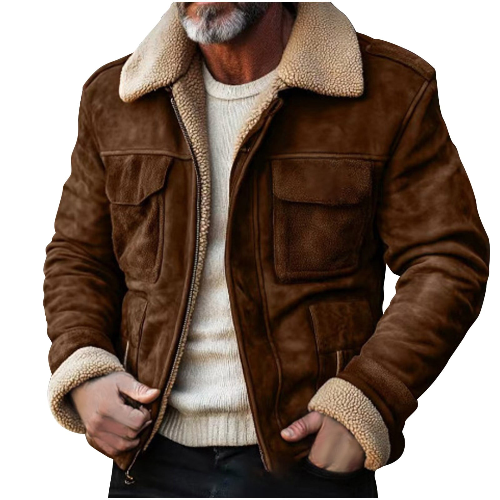 Faux Leather Jacket Mens Fur Shearling Neck Winter Warm Zip Up ...