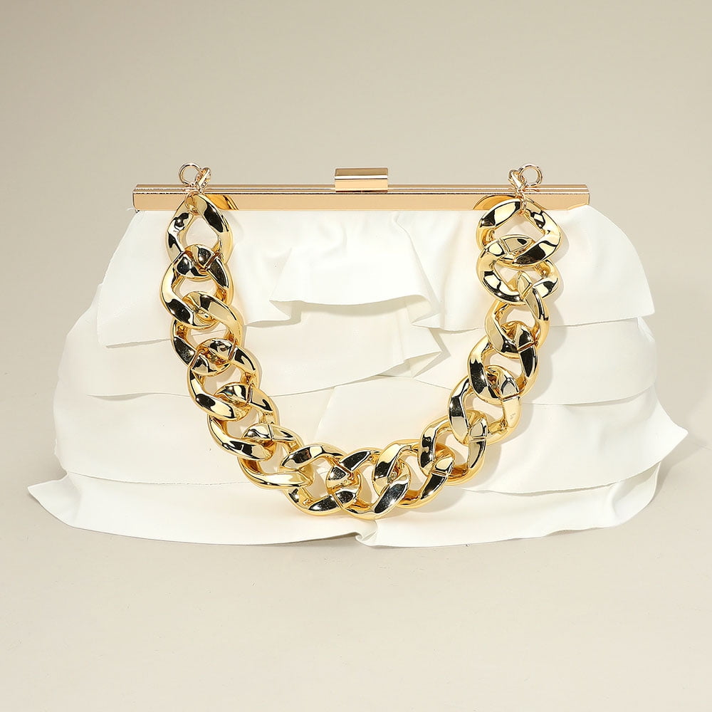 Faux Leather Layered Ruffle Chunky Chain Strap Handle Evening Clutch ...