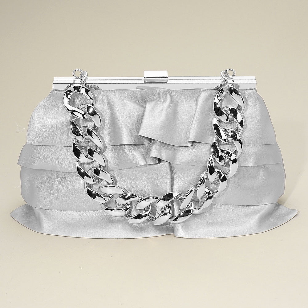 Faux Leather Layered Ruffle Chunky Chain Strap Handle Evening Clutch ...