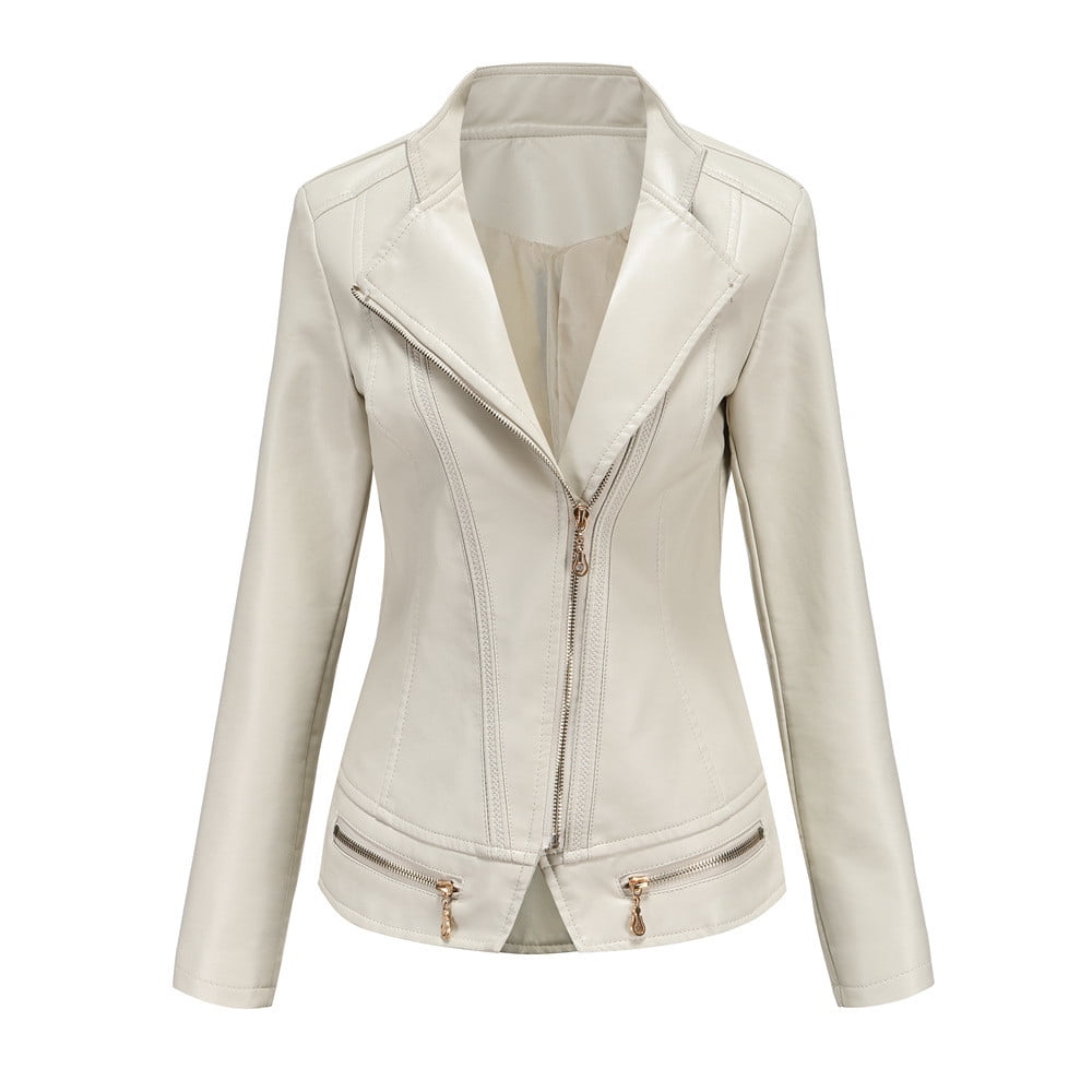 Faux Leather Moto Biker Jacket Women Zipper Lapel Collar Motorcycle ...