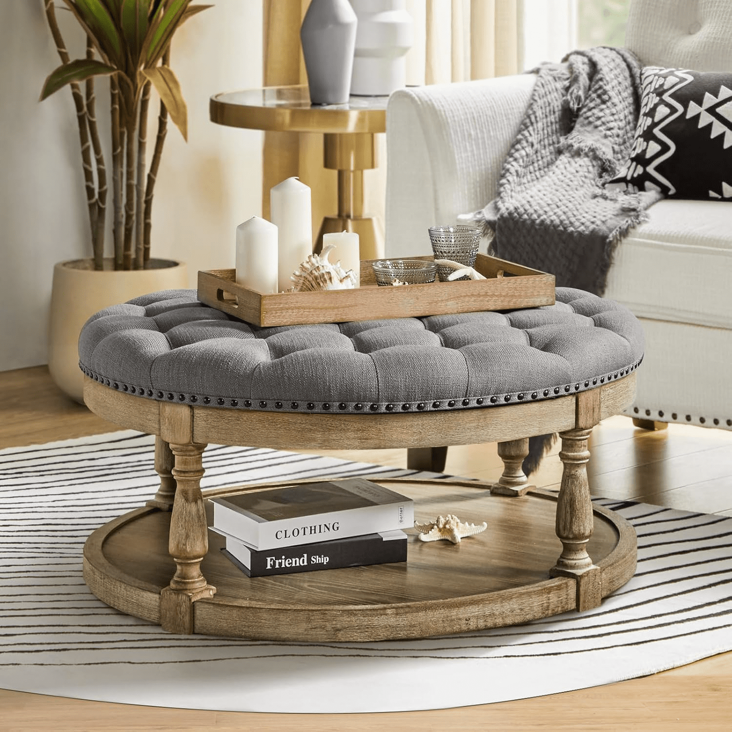 Faux Leather Ottoman Coffee Table for Living Room Large Round Button ...