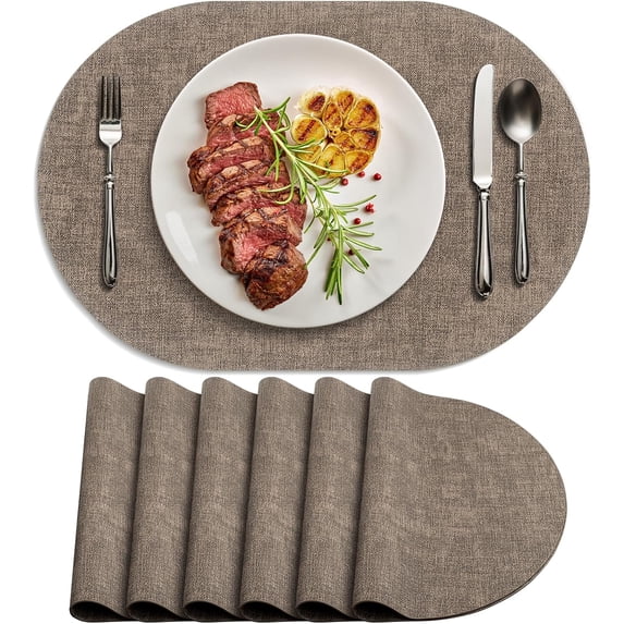Faux Leather Oval Placemats Set of 6, Dark Brown | Non-Slip & Heat ...