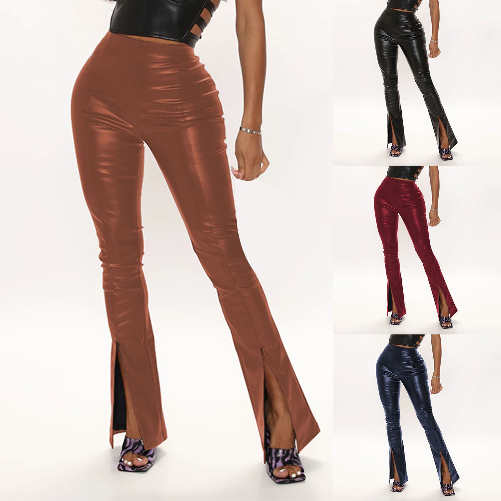 Faux Leather Pants Women Pu Leather Pants Classic High Waist Elastic ...