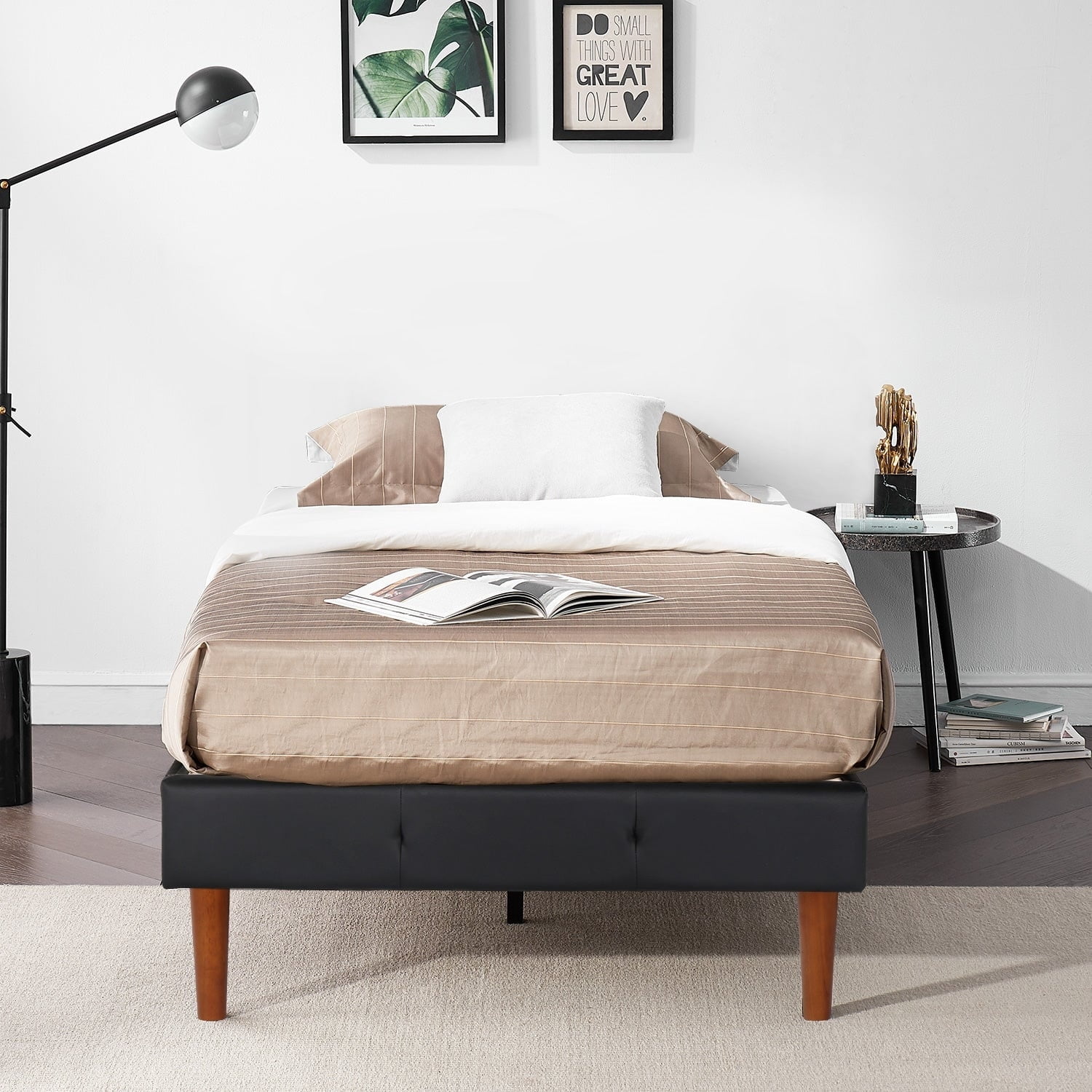 Faux Leather Platform Bed Frame with Wood Slats, No Box Spring Needed ...
