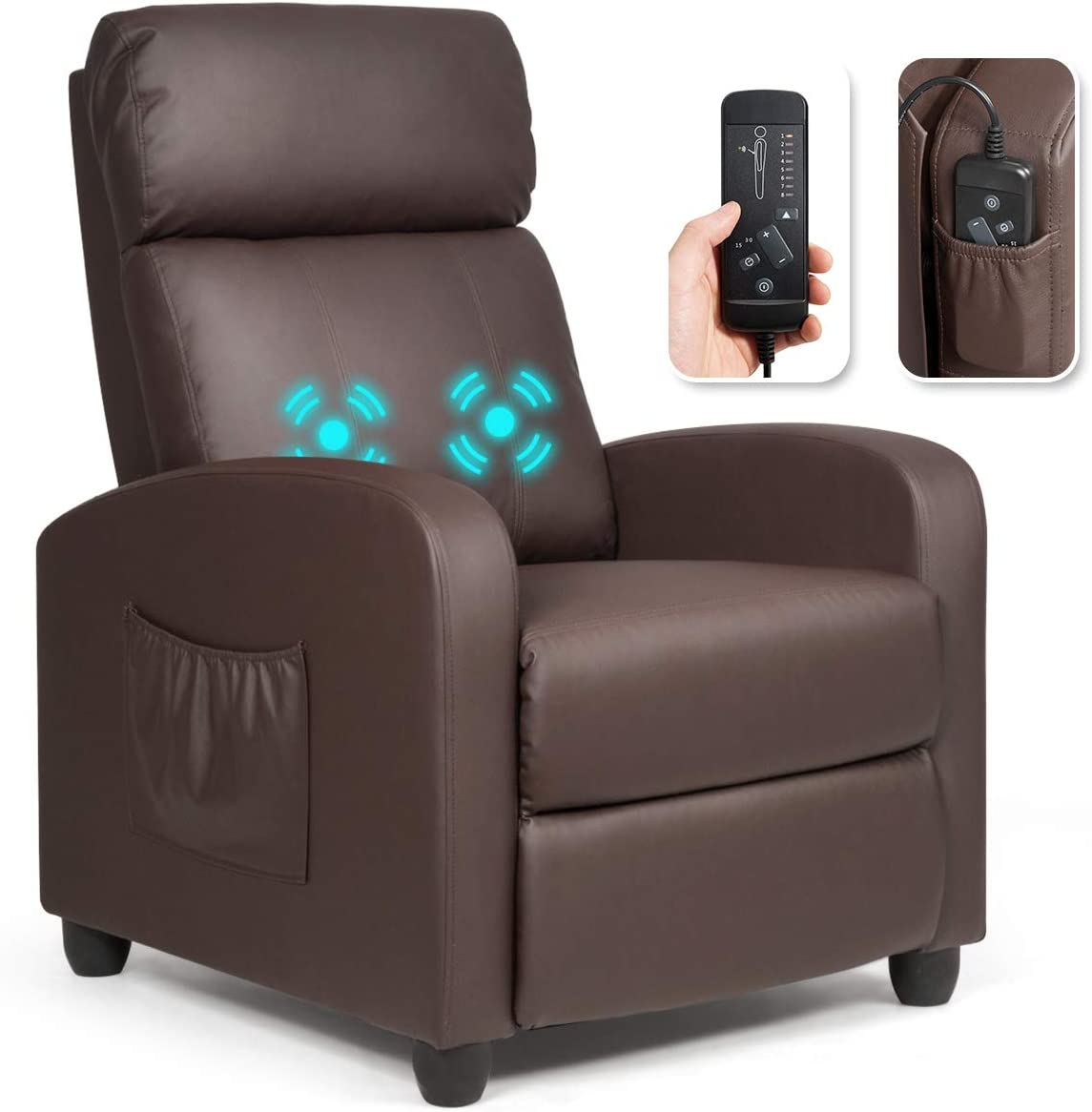 Faux Leather Recliner Chair with Massage Function and Side Pocket ...