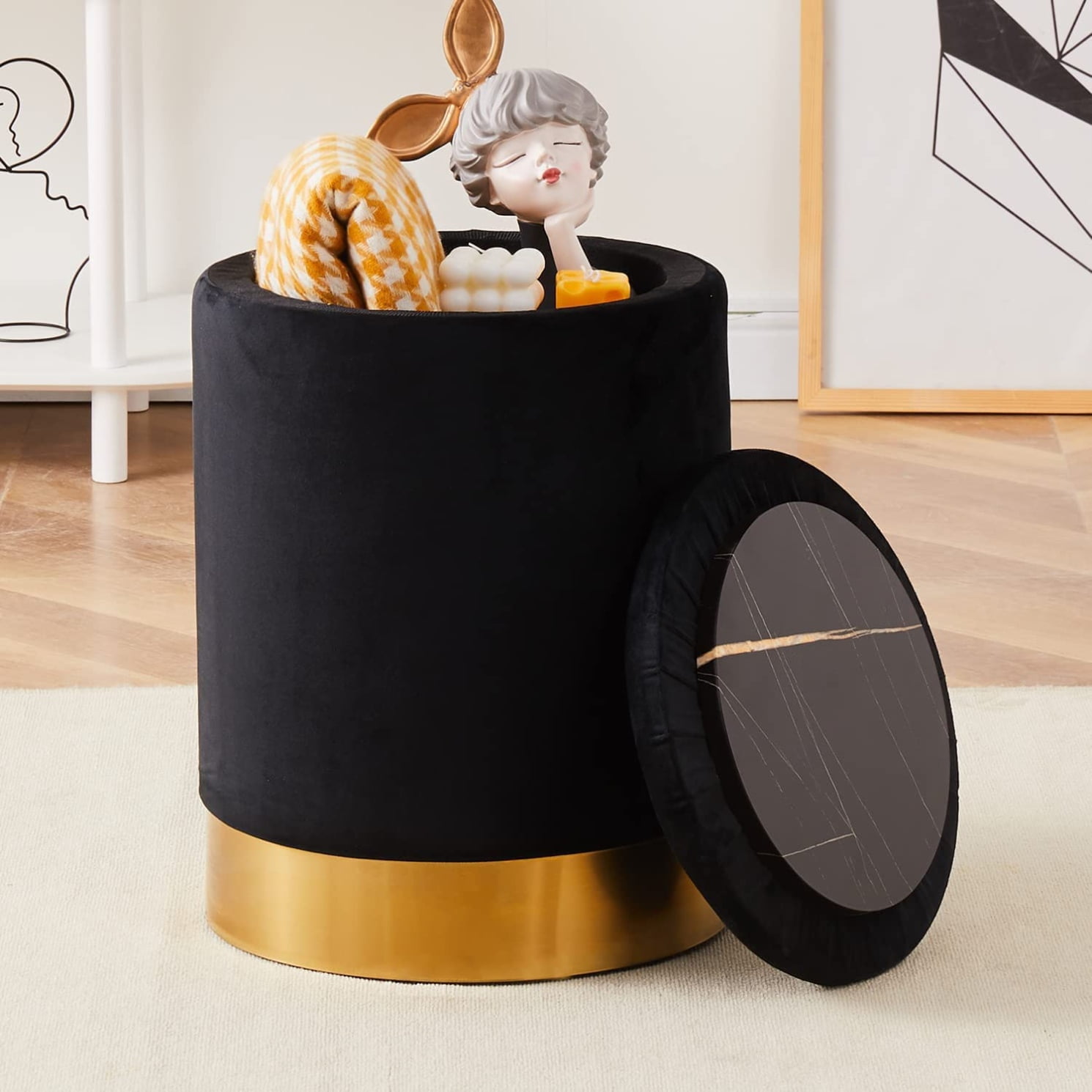 Faux Leather Round Storage Ottoman Footrest Stool with Gold-Plated Base ...