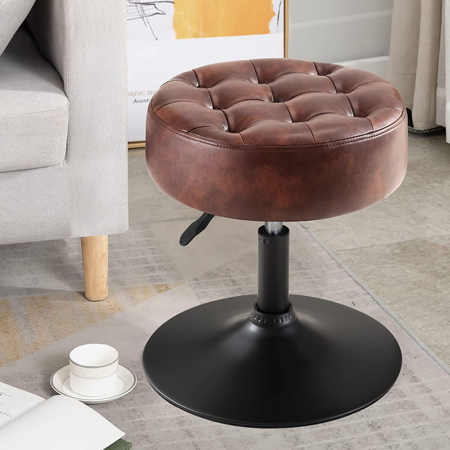 Faux Leather Round Vanity Chair Adjustable Swivel Makeup Ottoman Stool ...