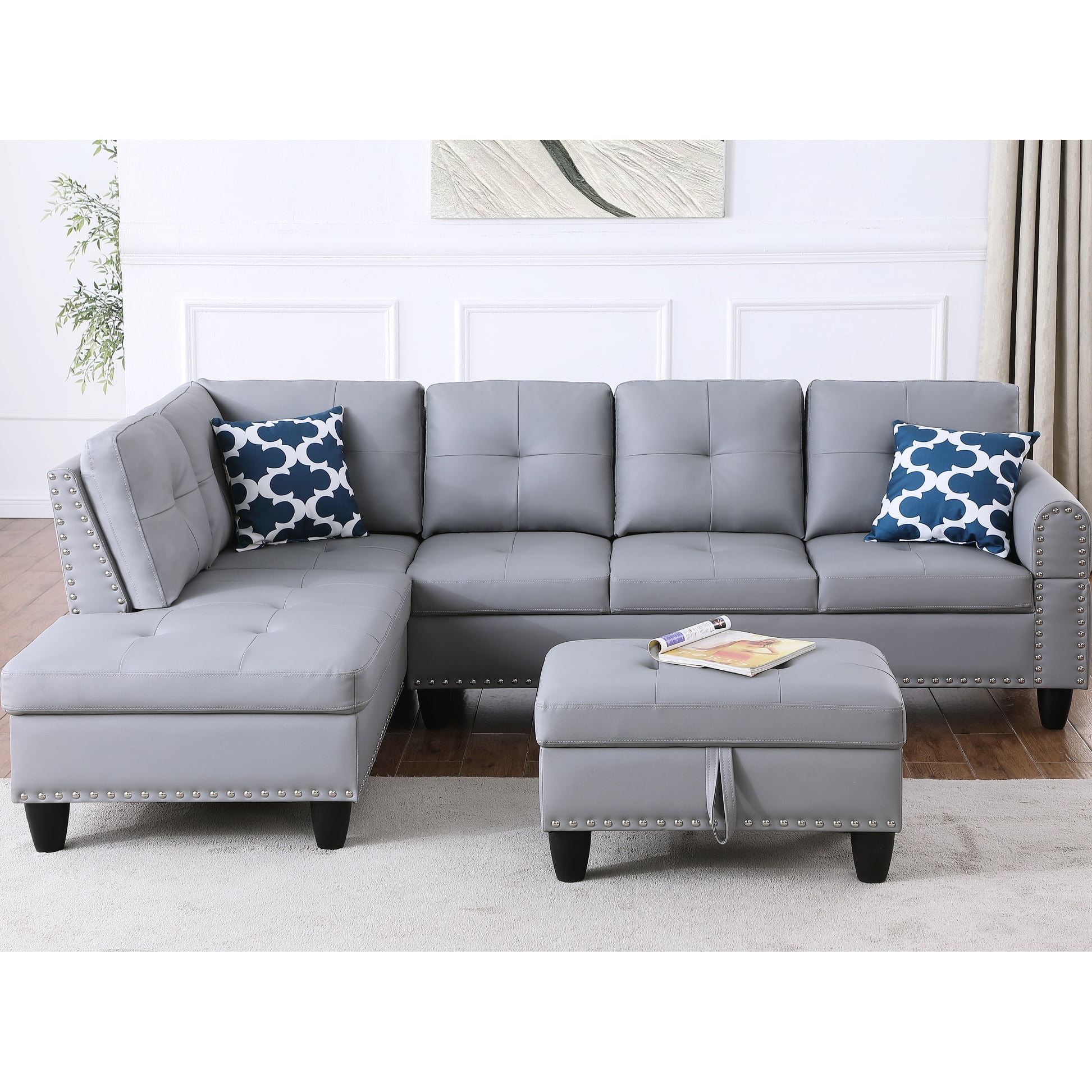 Faux Leather Sectional With , 3 Gray Modern Couch, Medium-firm Seat And Reliable, Cushion Back ...