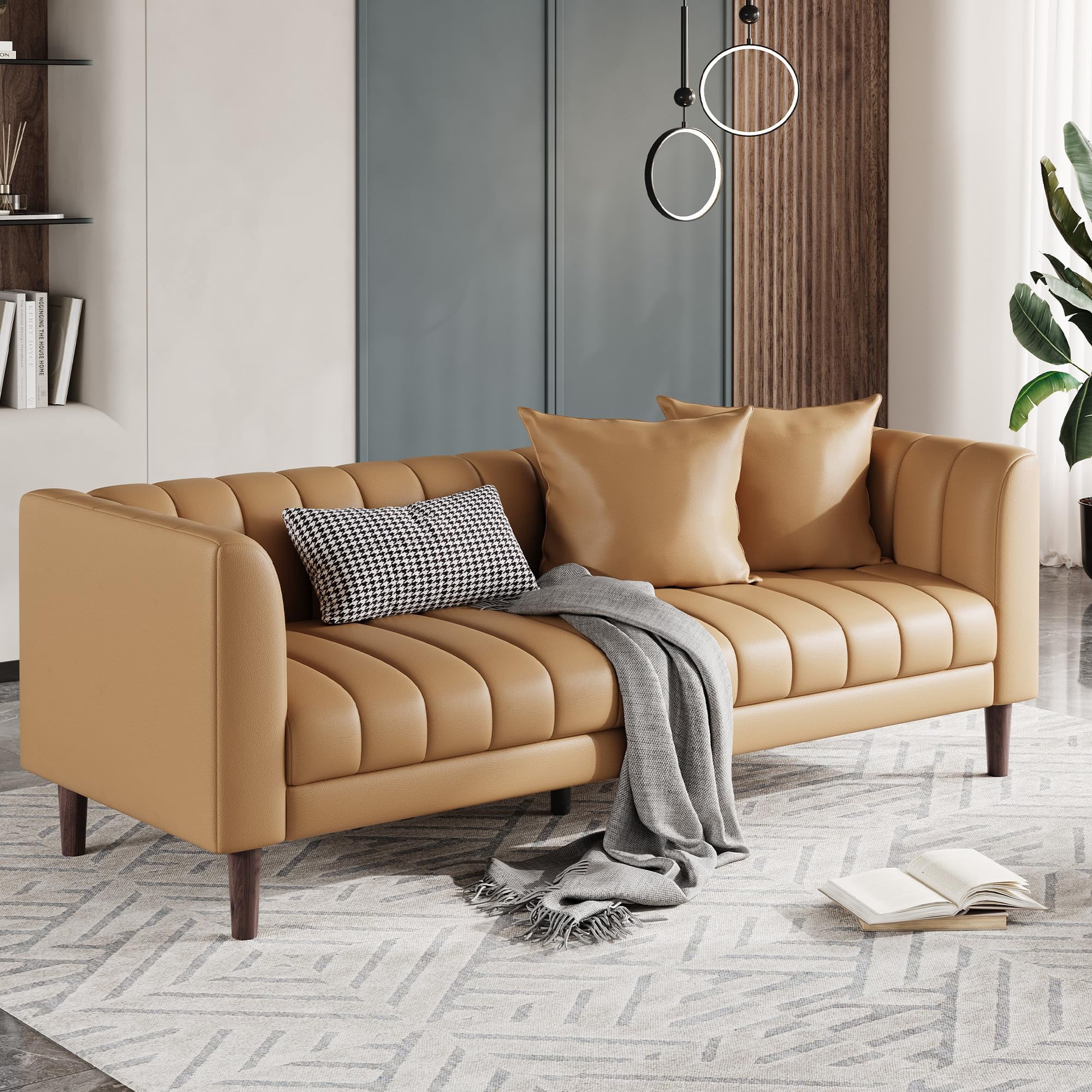 Faux Leather Sofa Couch, Mid-Century 78 Inch 3 Seater Leather Couch ...
