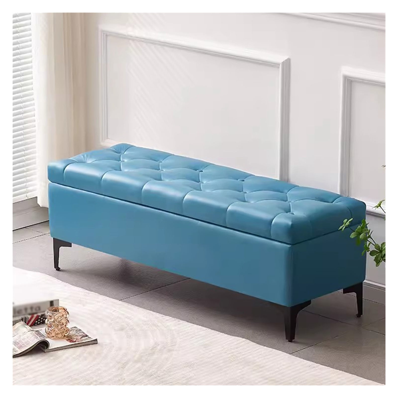 Faux Leather Storage Ottoman Bench Extra Long Upholstered Bedroom Bench ...