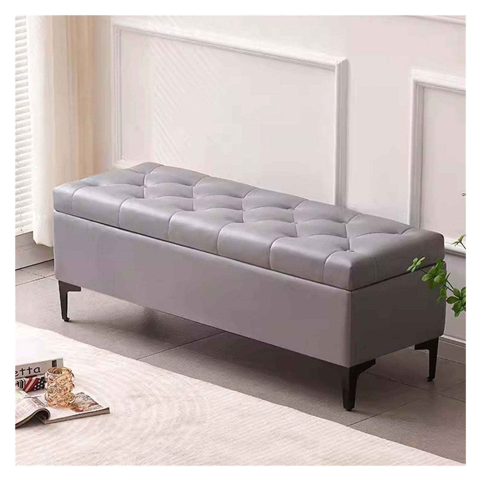 Faux Leather Storage Ottoman Bench Extra Long Upholstered Bedroom Bench ...