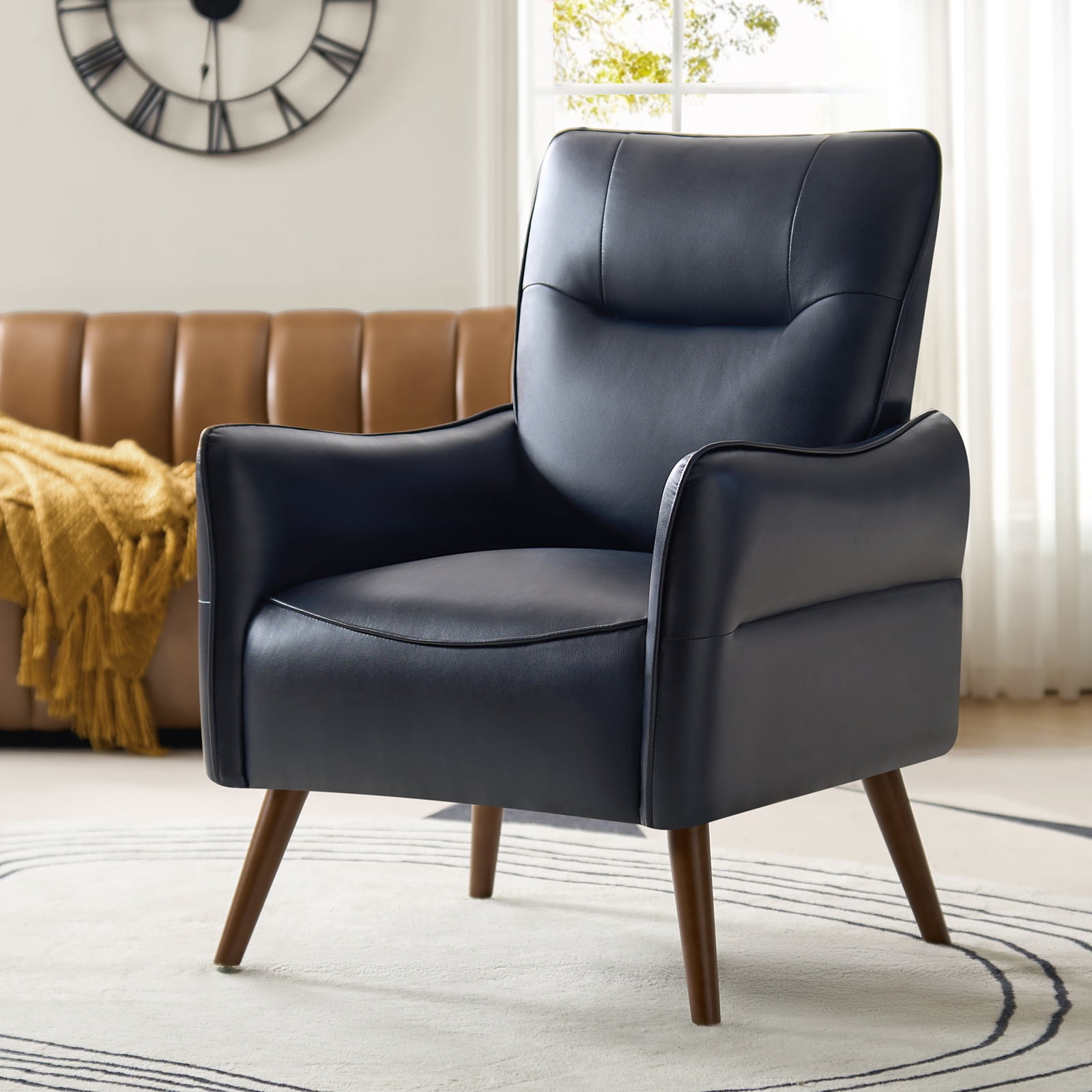 Faux Leather Upholstered Accent Chair Tufted Armchair Lounge Sofa Wood Legs Living Room Office ...