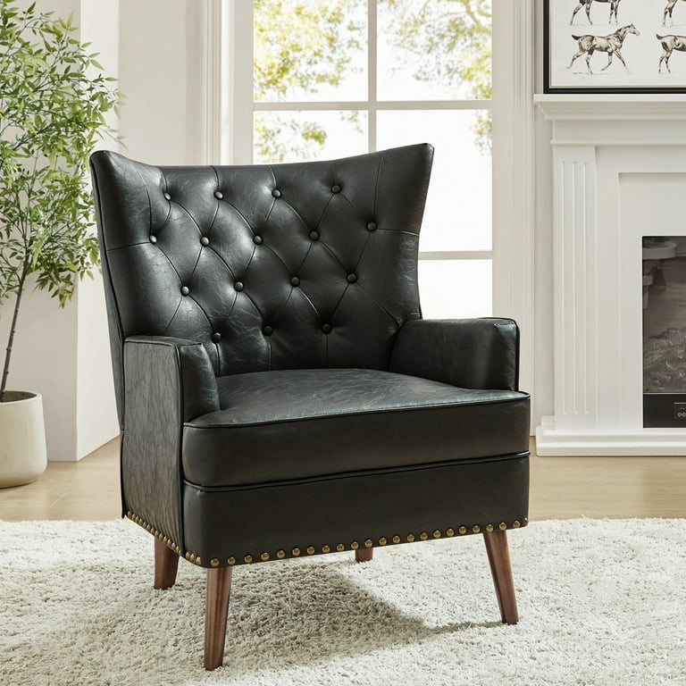 Faux Leather Upholstered Armchair Lounge Reading Sofa Nailhead Trims Accent Chair Solid Wood Legs Bedroom Black Walmart